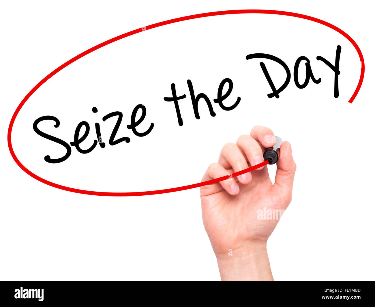 Man Hand writing Seize the Day with black marker on visual screen ...