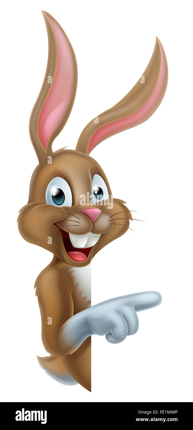 Cartoon Easter bunny rabbit peeking around a sign and pointing at it ...