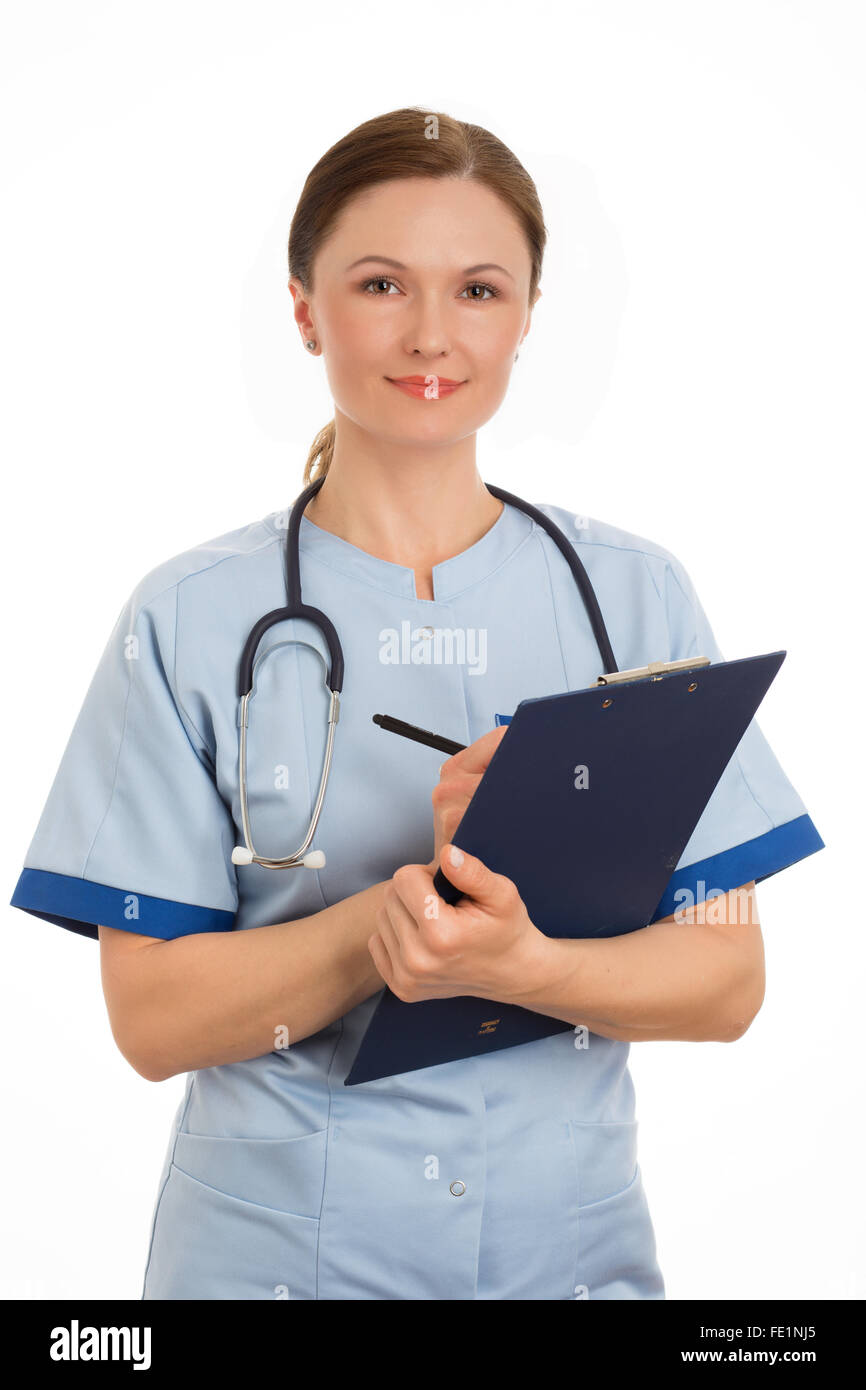 young female health care professional photographed against white ...