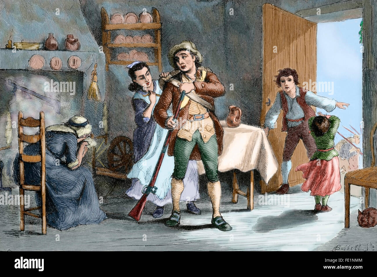 American Revolutionary War (1775-1783). Militiaman preparing his ...