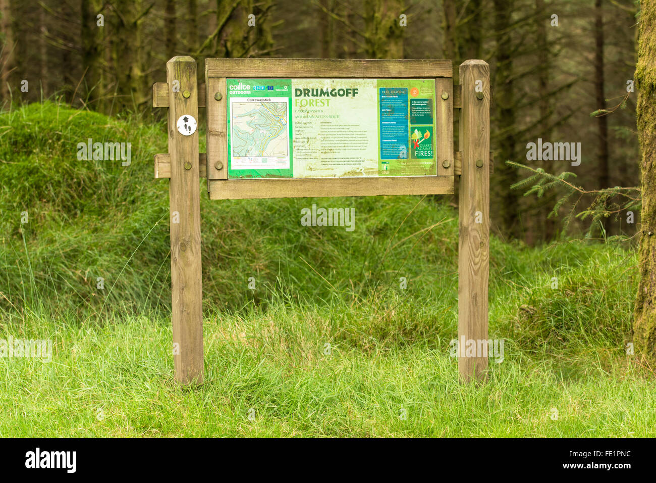 Information sign and map at Drumgoff outdoor recreation area in Coillte ...