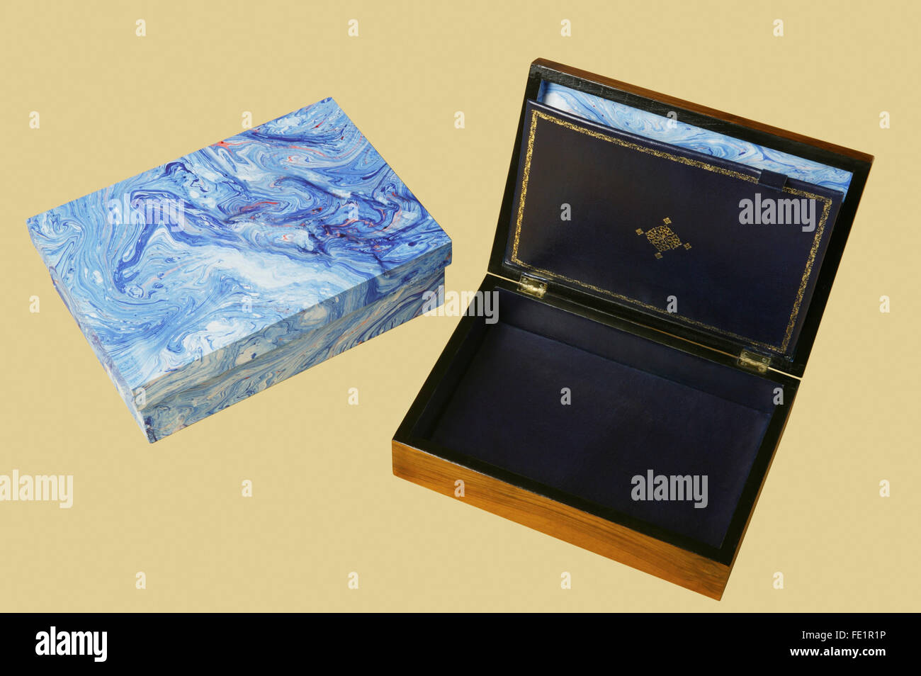Wooden and paper boxes isolated on yellow. Horizontal Stock Photo - Alamy
