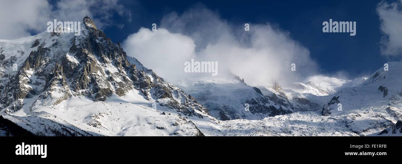 Panoramic view of Mont Blanc. On the left the Aiguille du Midi and ...