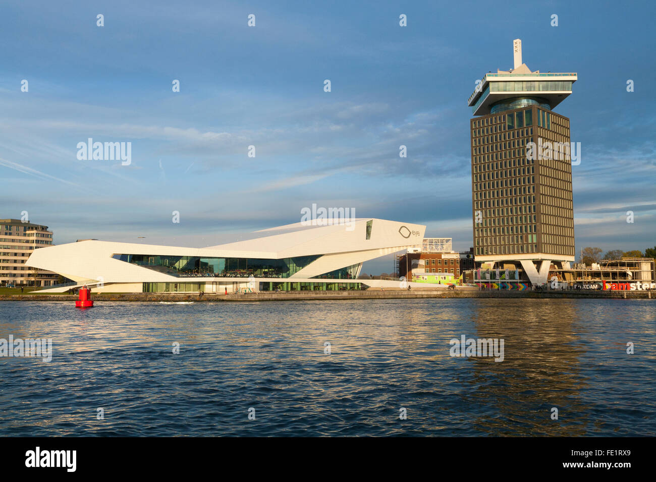 EYE Film Institute building (left) and the A'DAM Toren tower building ...