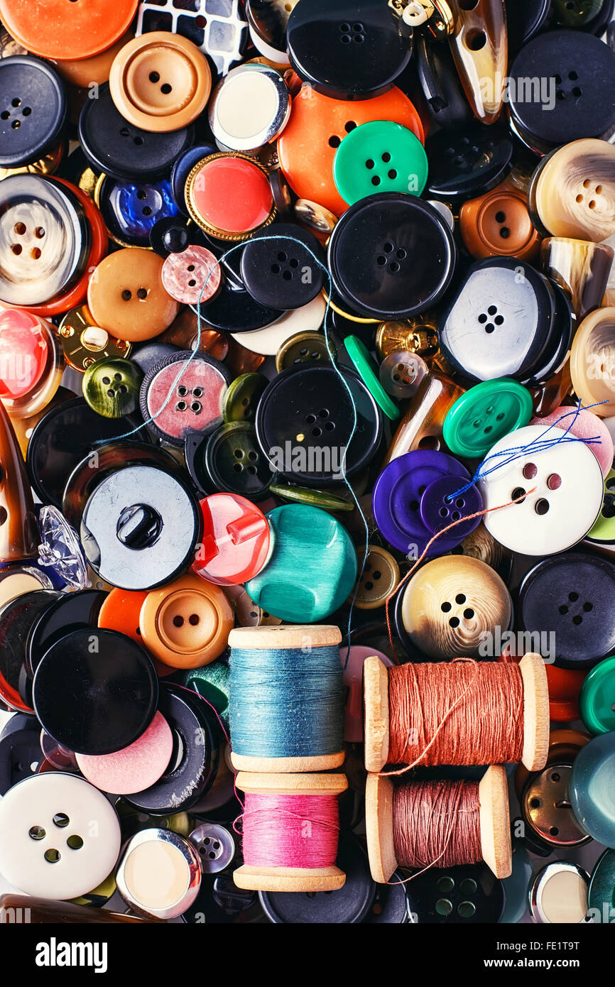 Texture of variety of buttons from clothing and thread.Top view Stock ...