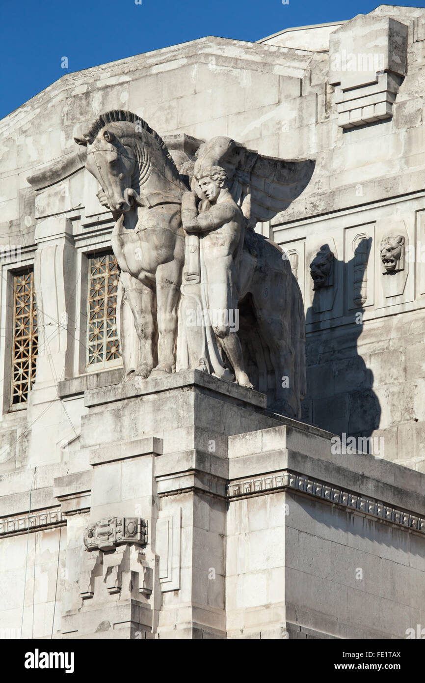 Colossal statue of Pegasus on the main facade of the Central train ...