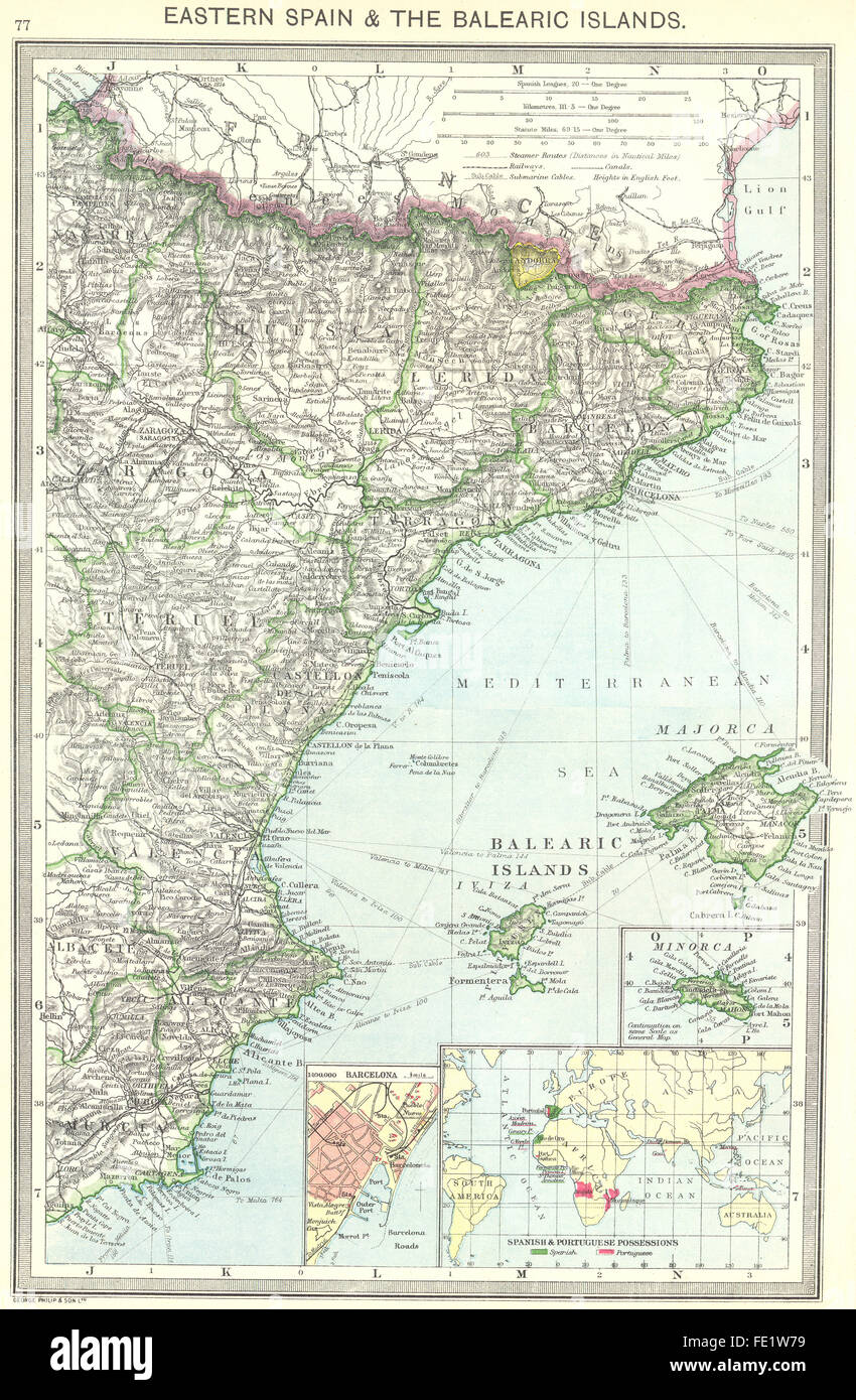 SPAIN: Eastern, Balearic Islands; Barcelona; colonies, 1907 antique map ...