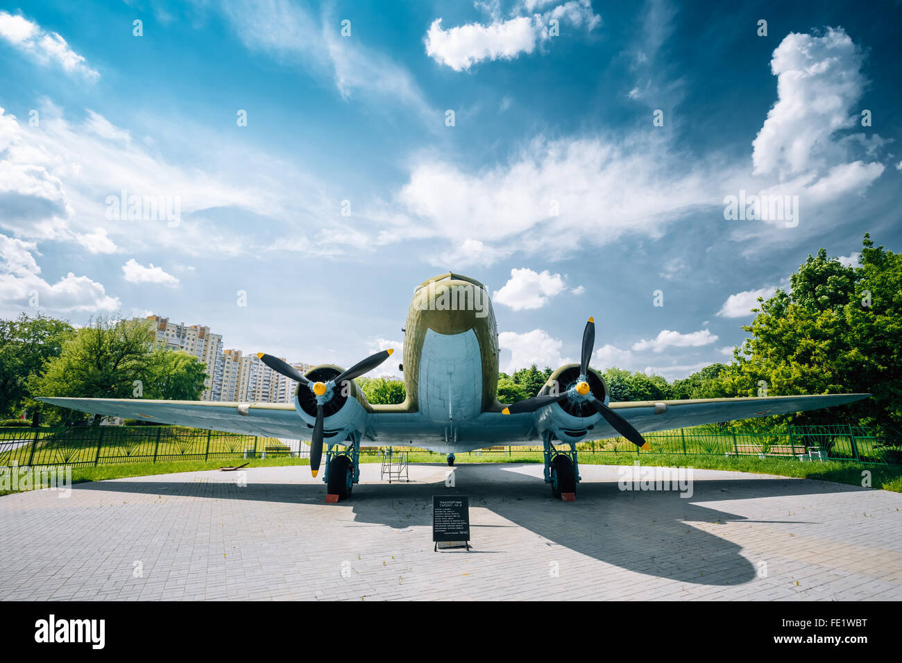 Front view of exhibit of airplane Lisunov Li-2 of Soviet Air Force ...