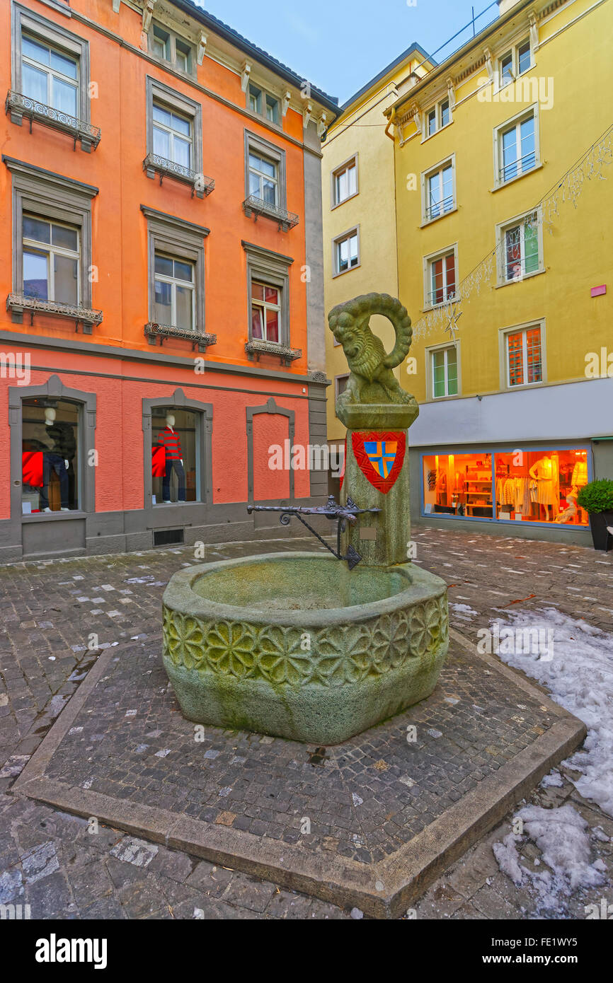 Fountain with sheep statue in the Old Town of Chur. Chur is the capital ...