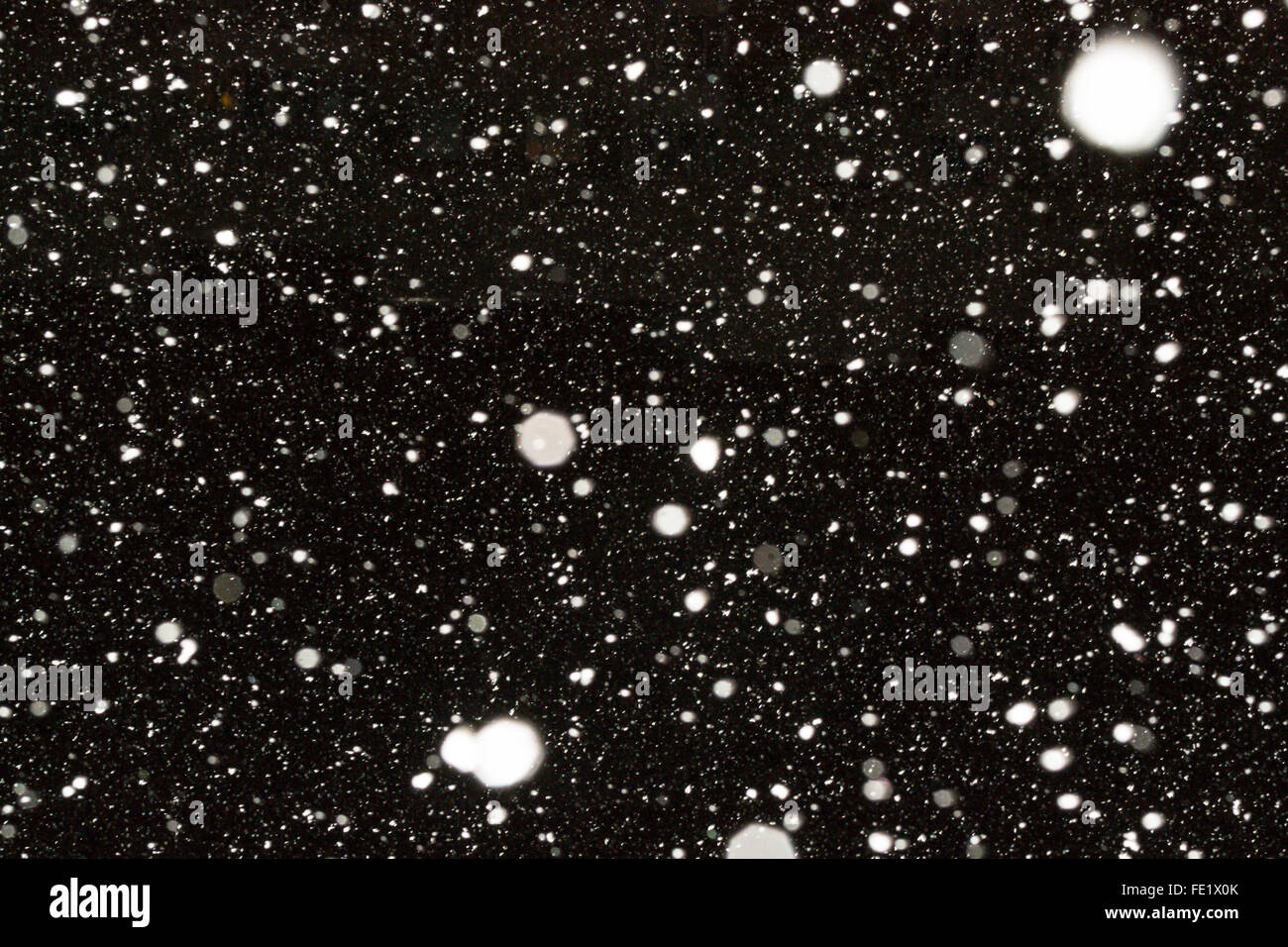 Flakes of natural snow falling at night set against a black background ...