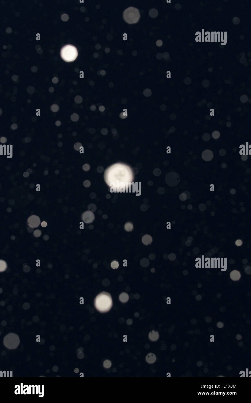 Flakes of natural snow falling at night set against a black background ...