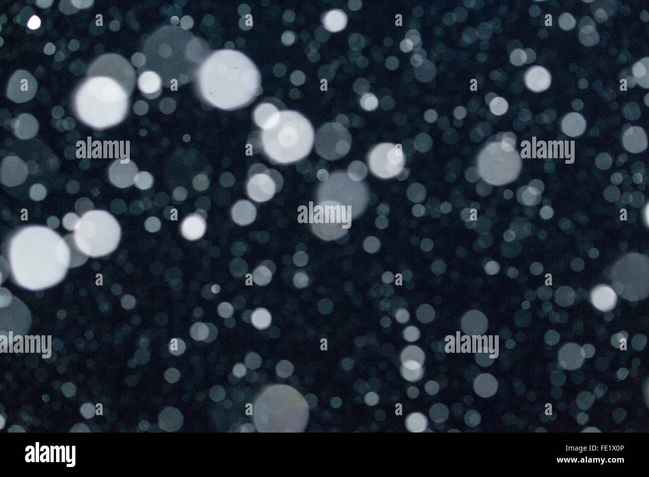Flakes of natural snow falling at night set against a black background ...