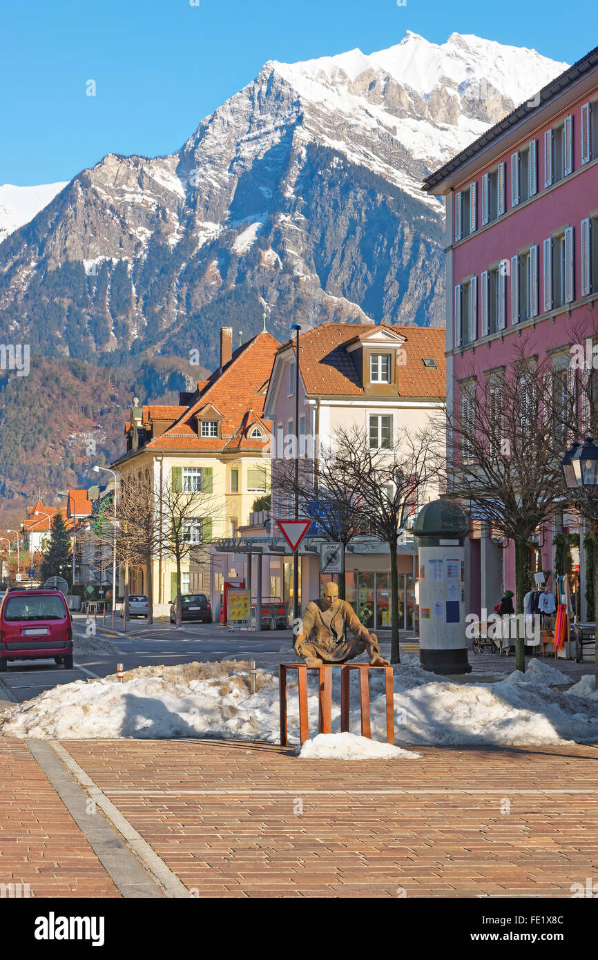 BAD RAGAZ, SWITZERLAND - JANUARY 5, 2015: Monument of Sitting Man and ...