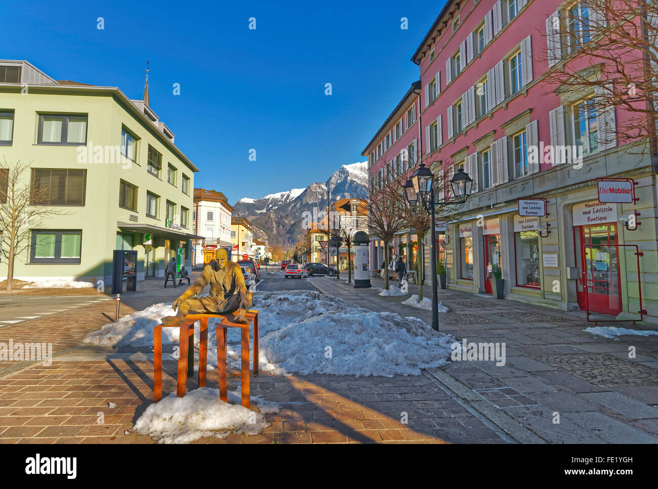 BAD RAGAZ, SWITZERLAND - JANUARY 5, 2015: Monument of Sitting Man and ...