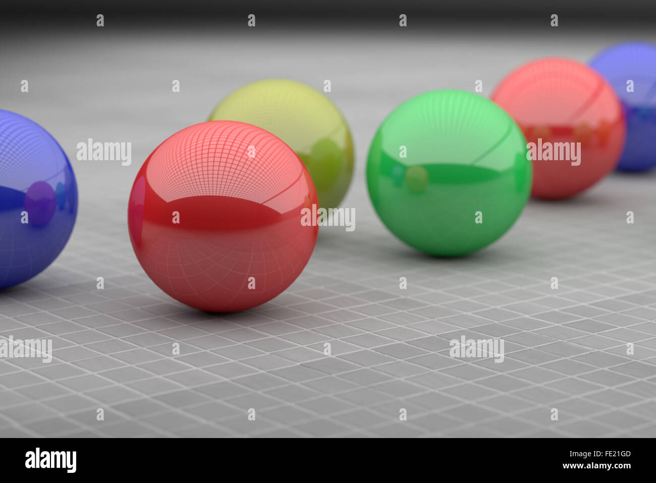 3d rendering of a close-up of four colorful futuristic balls with ...