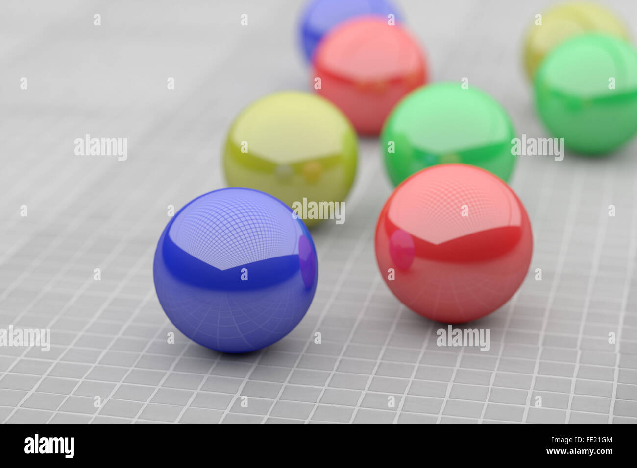3d rendering of a close-up of four colorful futuristic balls with ...