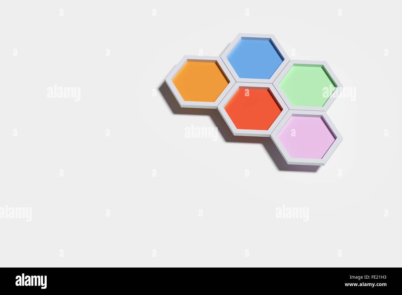 3d rendering of five colorful three-dimensional hexagons on white ...