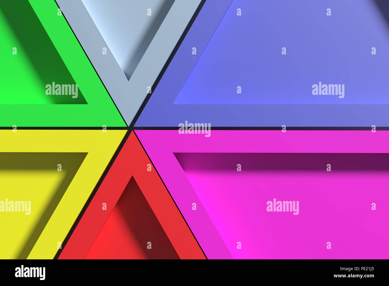 3d rendering of the middle of colorful triangles together. Close-up ...