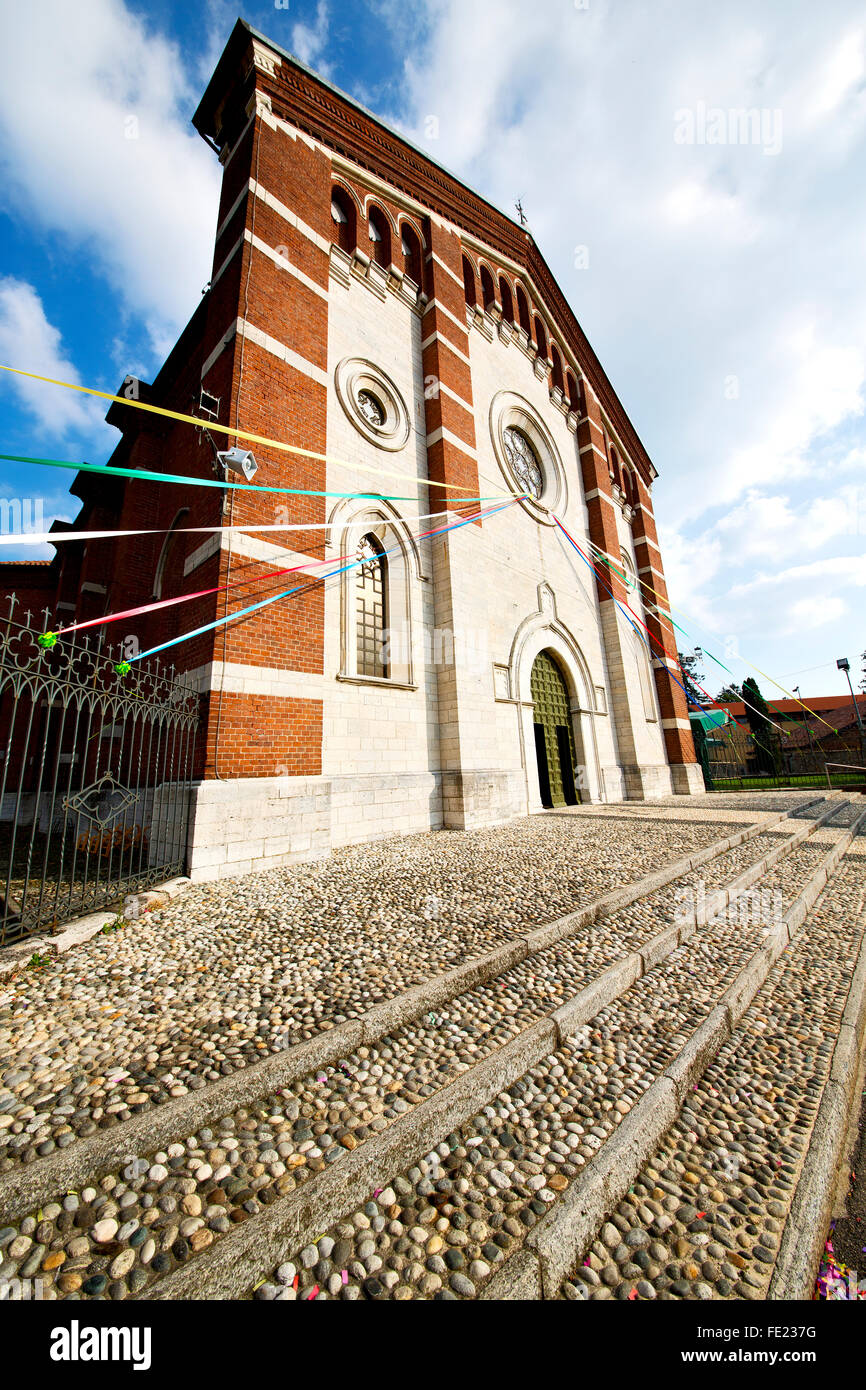 church in the varano borghi closed brick tower sidewalk italy lombardy ...