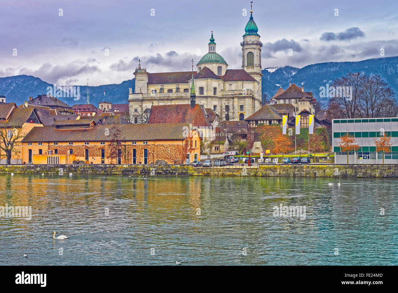 Waterfrontof St Ursus Cathedral in Solothurn. Solothurn is the capital ...