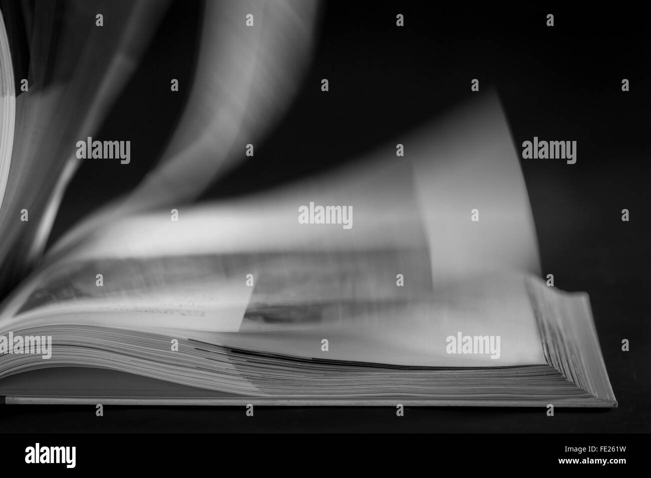 Pages flickering in an open book showing paper movement, B&W Stock ...