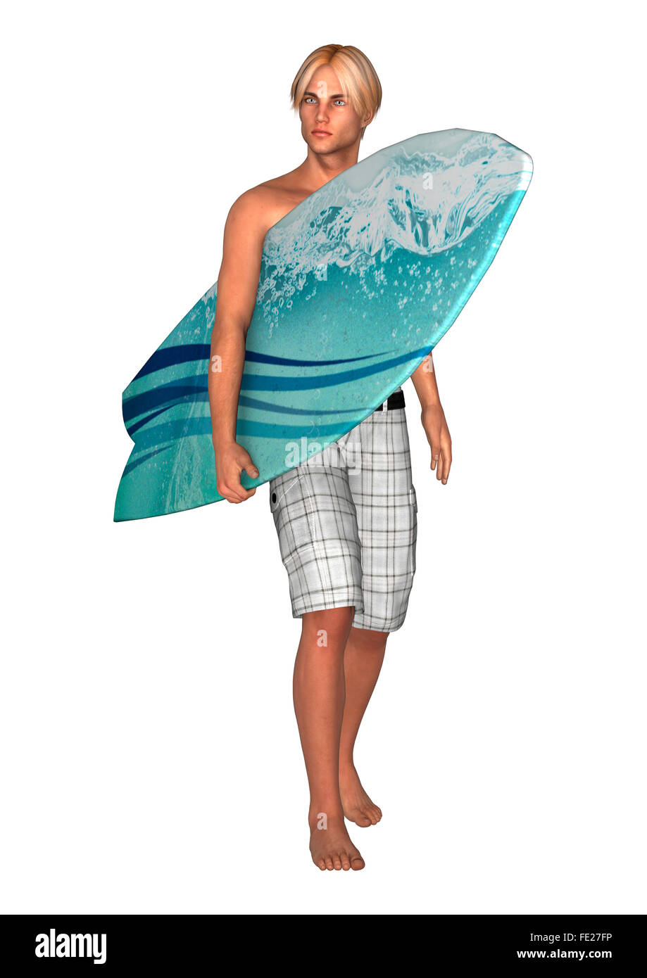 3D digital render of a male handsome surfer isolated on white ...