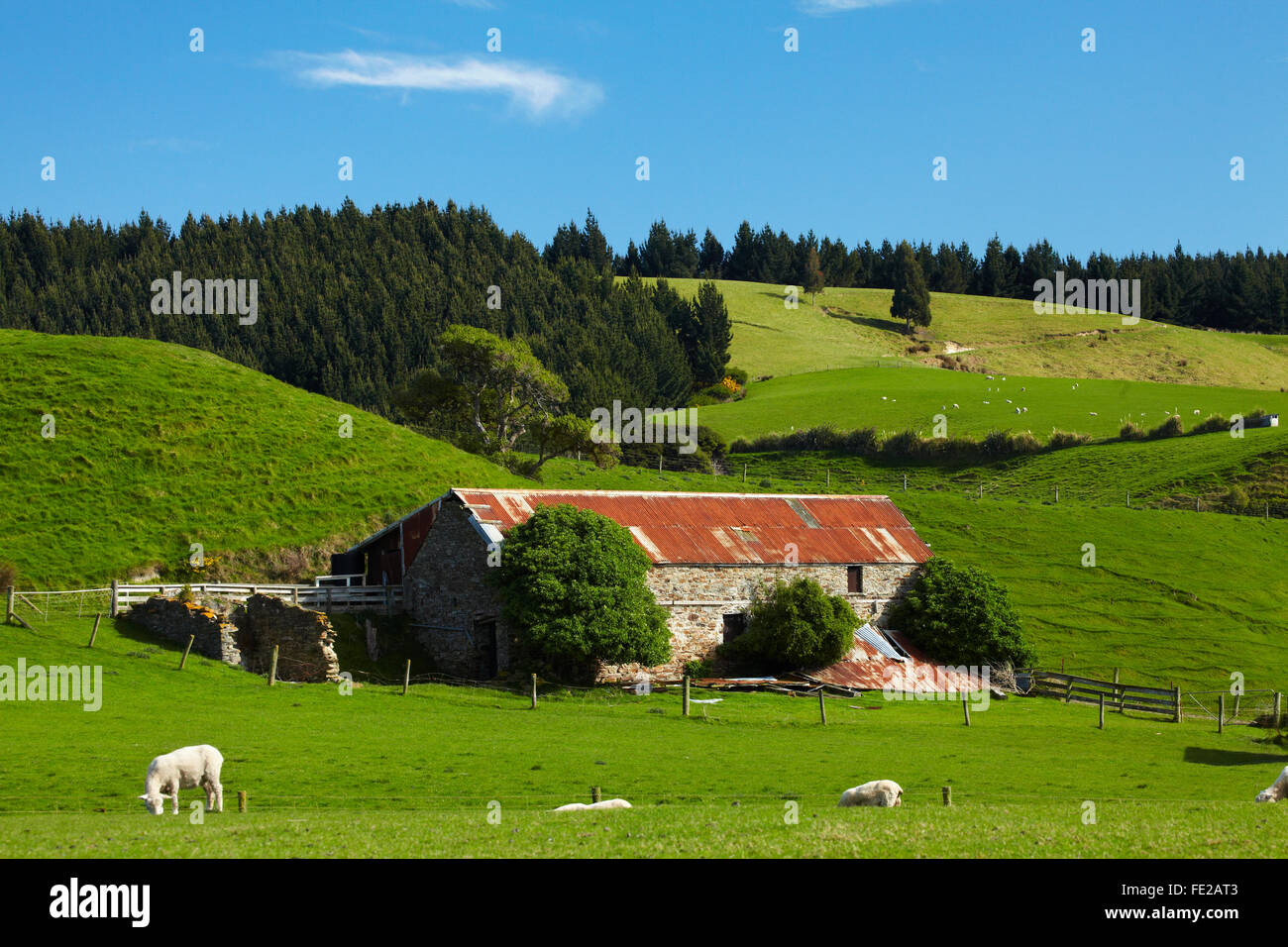 Old stone barn and farmland, near Taieri Mouth, Dunedin, Otago, South ...