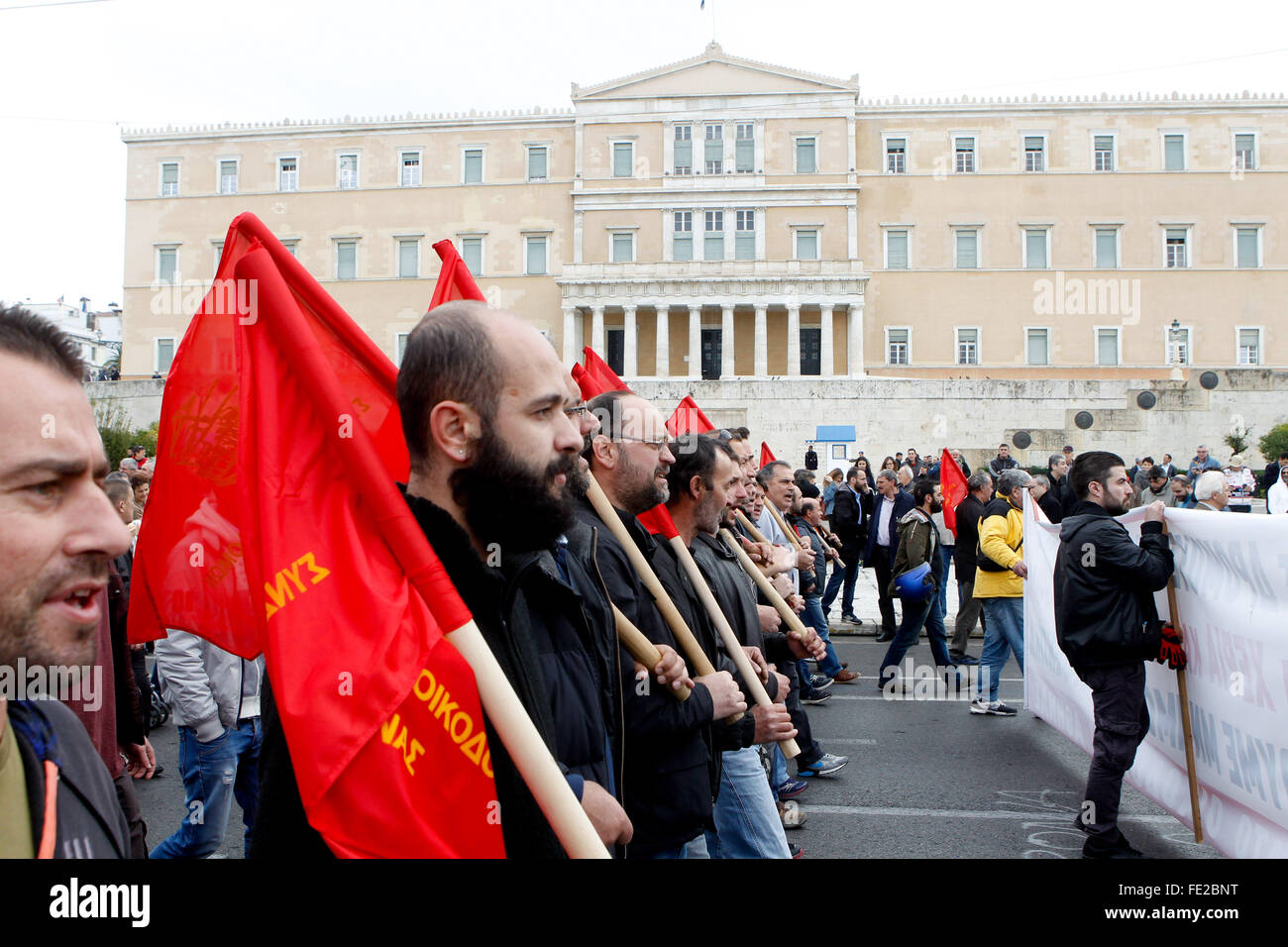 Athens, Greece. 4th Feb, 2016. Protesters shout slogans during a 24 ...