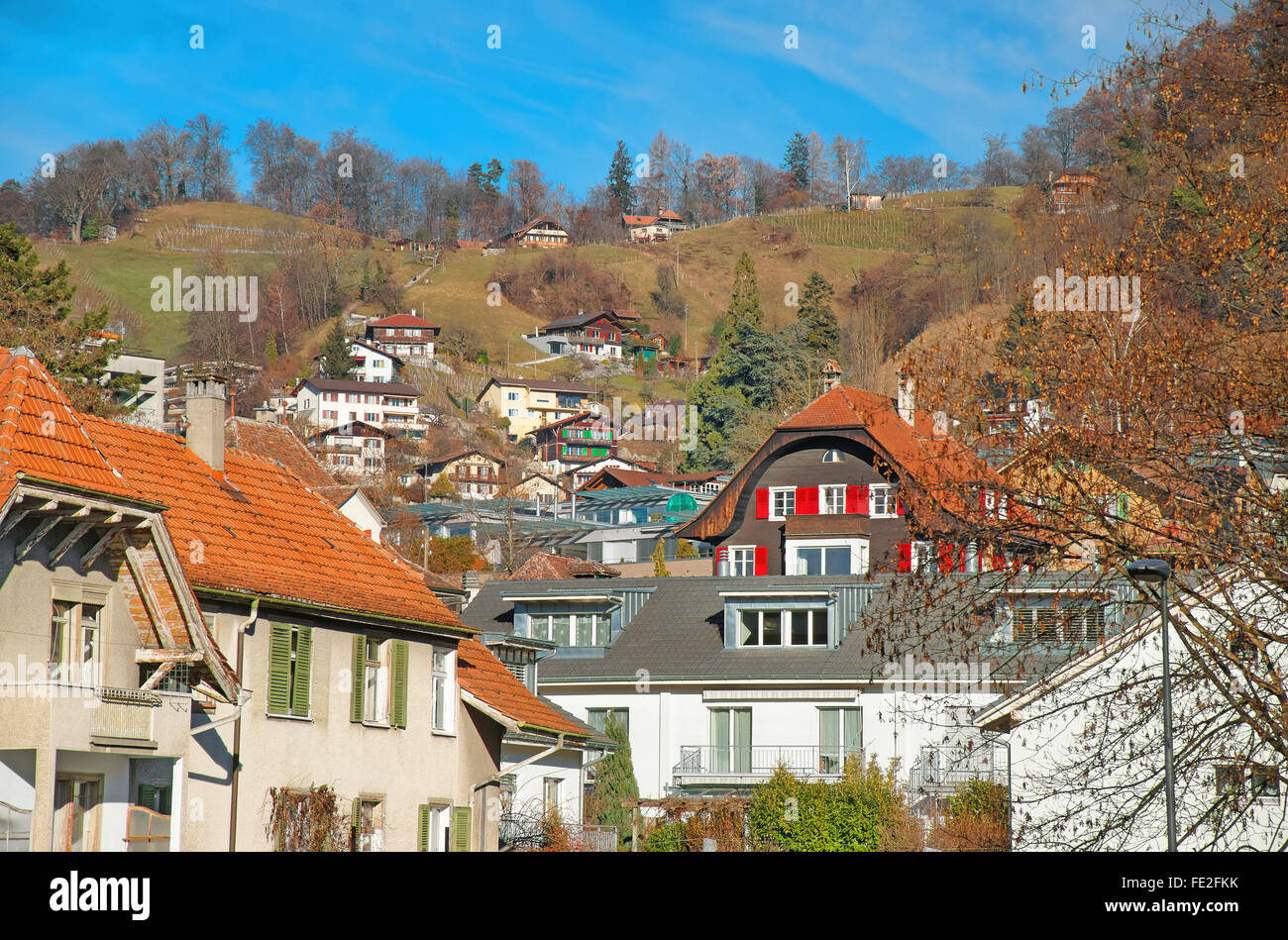 Panoramic view on Houses in Thun and mountains. Thun is a city in the ...