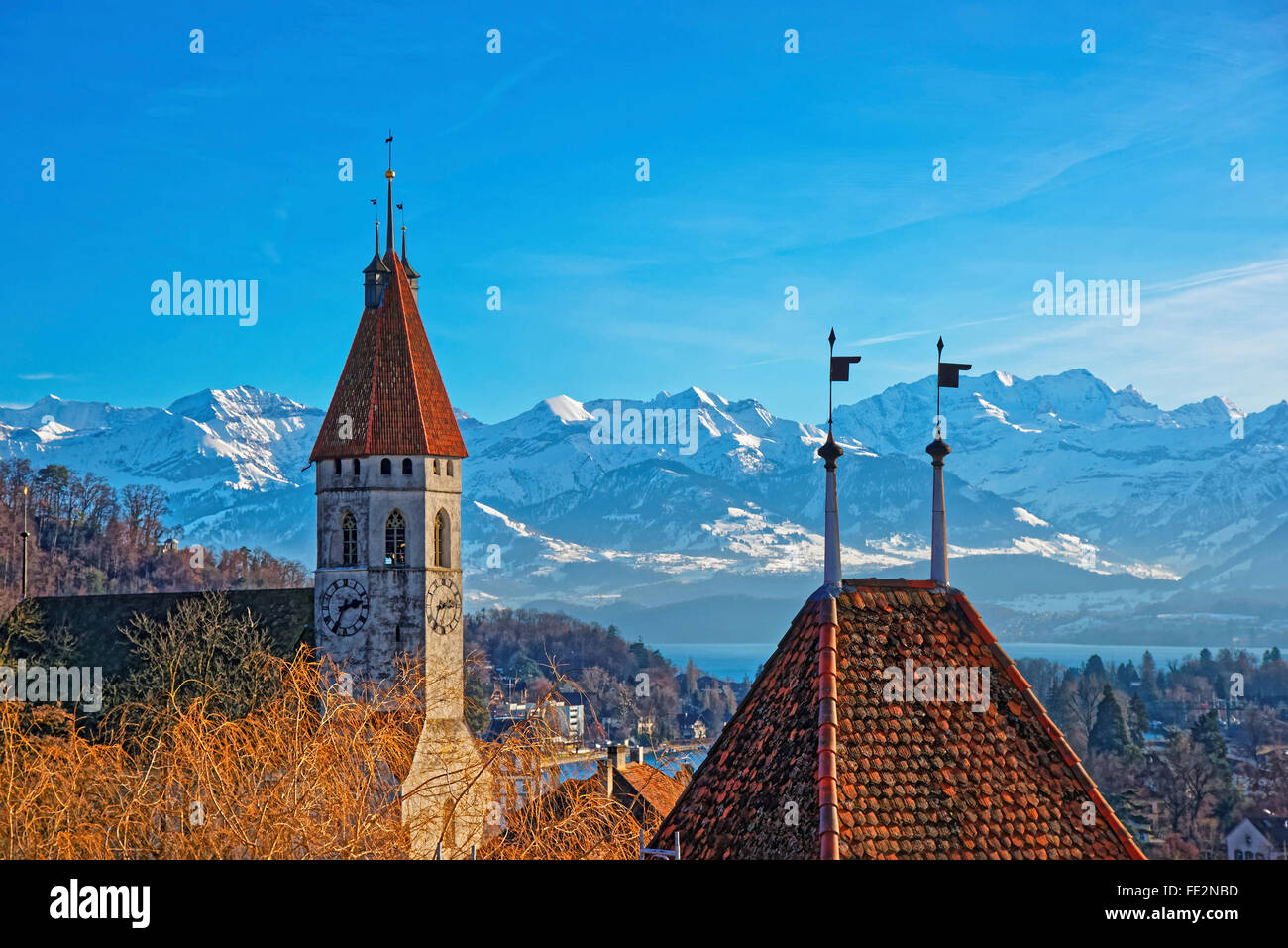 Panorama of Thun City Church with Thunersee and Alps in winter. Thun is ...