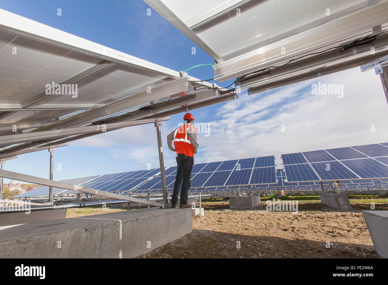 Power engineer looking at power cabling at solar photovoltaic array ...