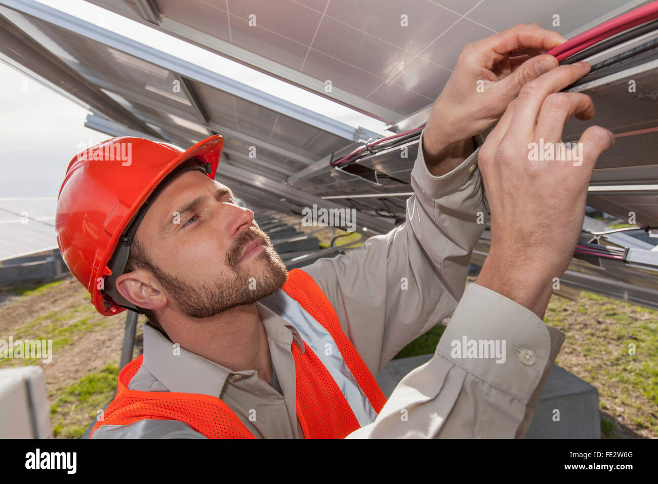 Power engineer examining power cabling of solar photovoltaic array ...
