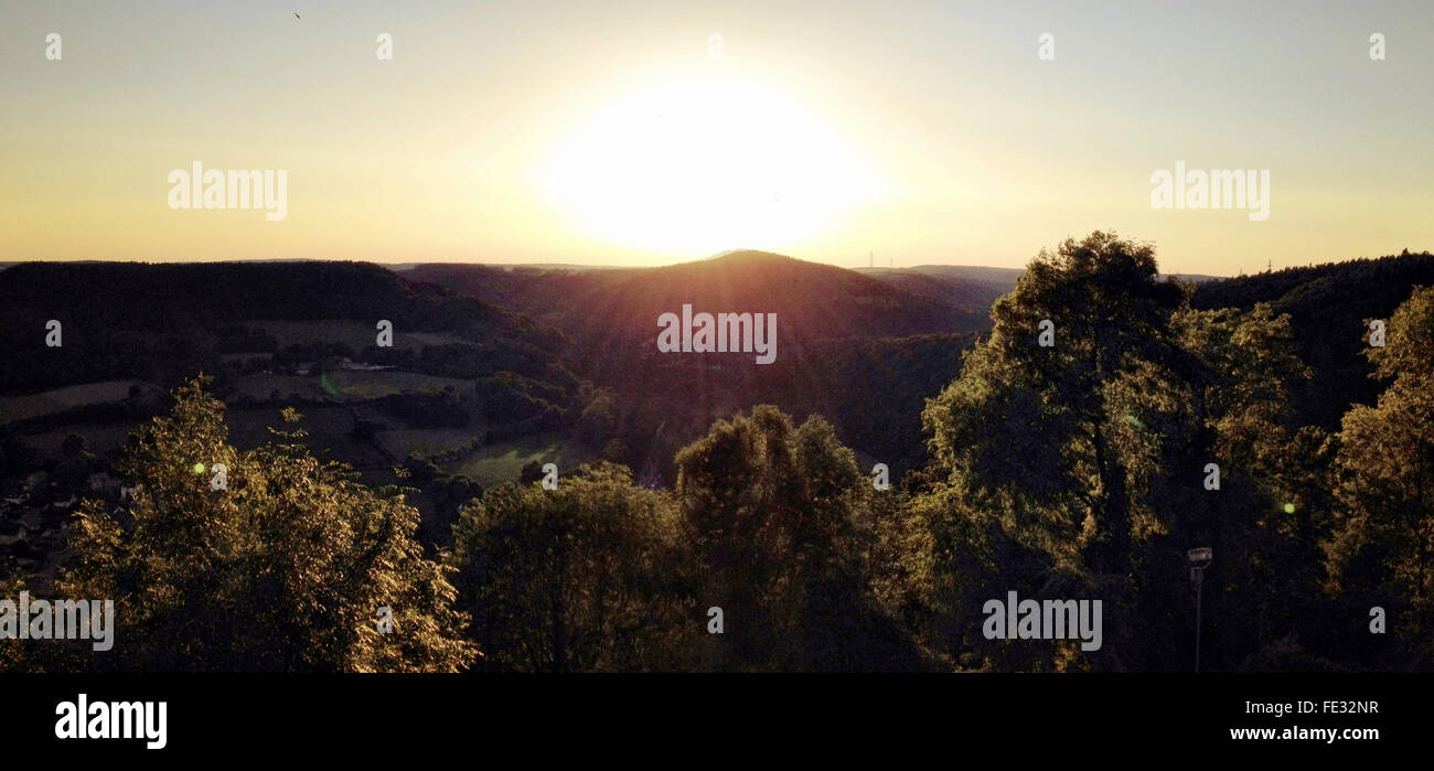 Sun Rising Over Woodland Stock Photo - Alamy