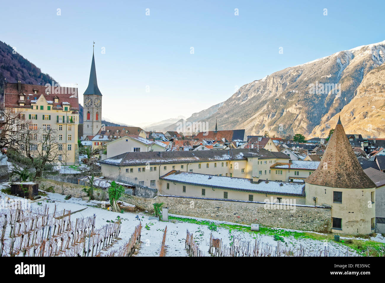 CHUR, SWITZERLAND - JANUARY 5, 2015: Church of St Martin and vineyard ...