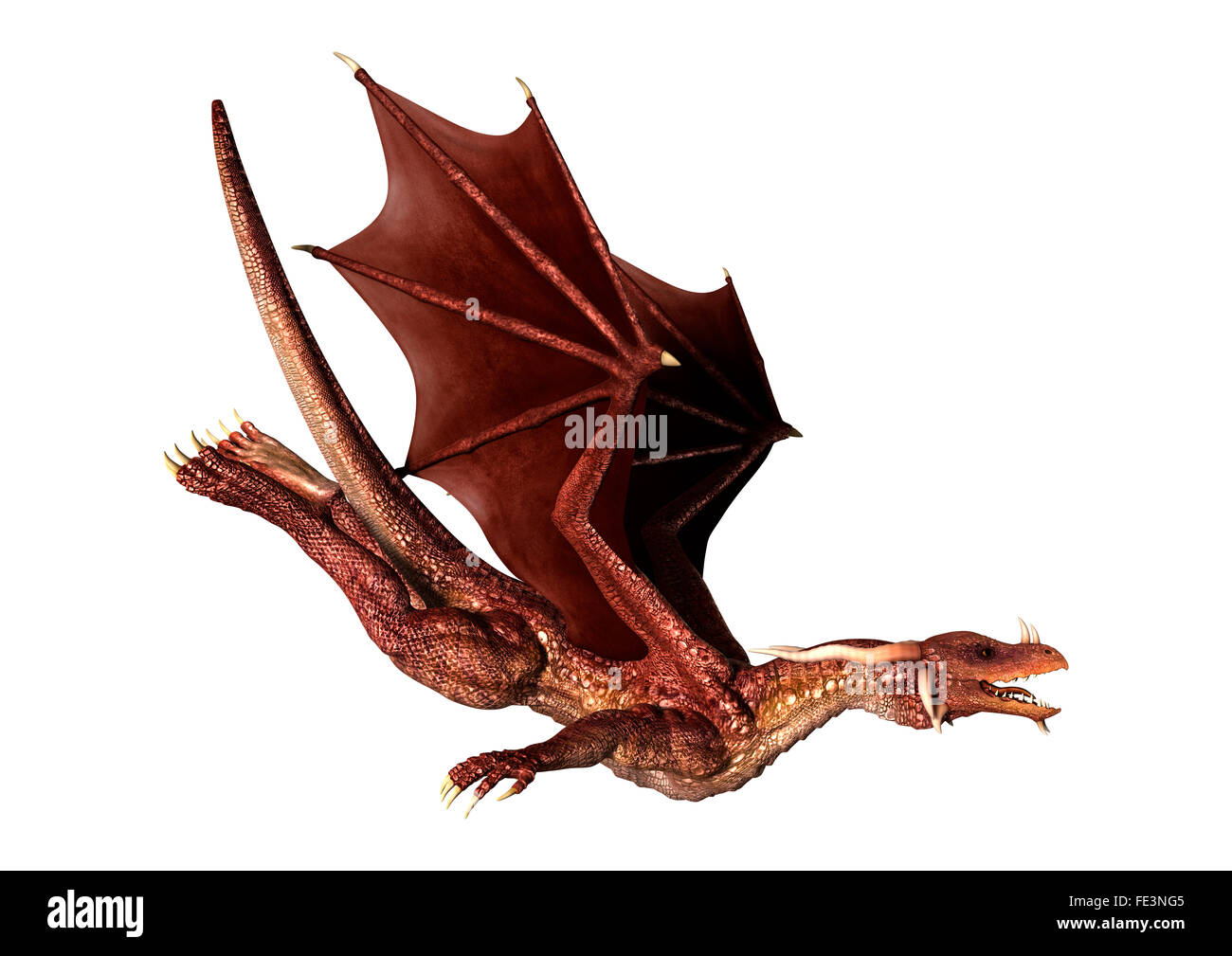 3D digital render of a red fantasy dragon flying isolated on white ...