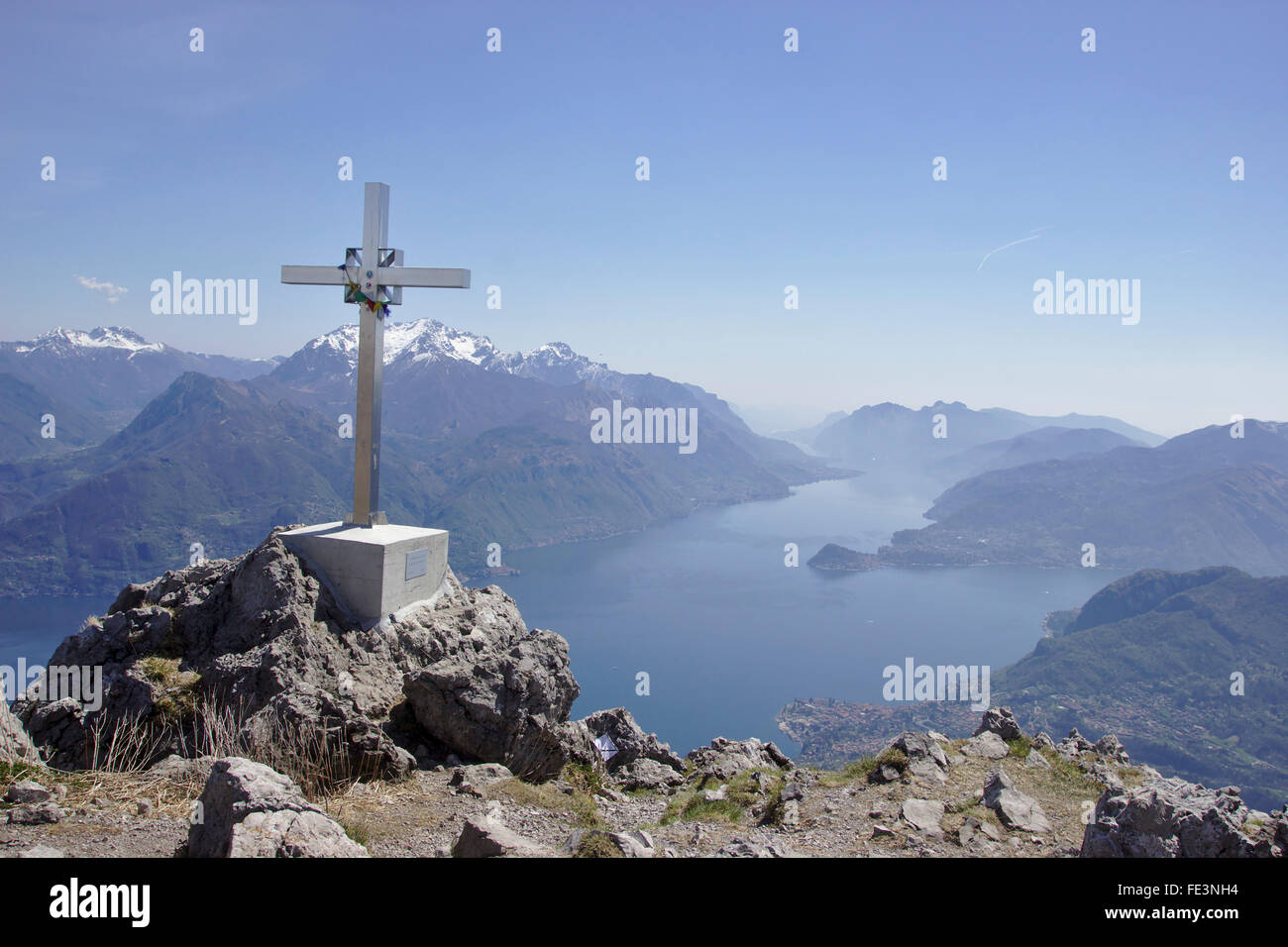 Cross on Monte Grona, with Lake Como, Bellagio and Grigne, Italy Stock ...