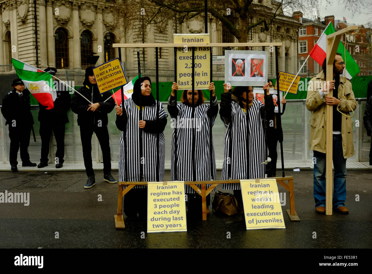 London,UK. 4th February. 2016. Iranian exiles protest outside the QE2 ...