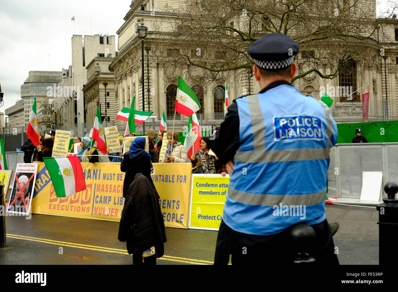 London,UK. 4th February. 2016. Iranian exiles protest outside the QE2 ...