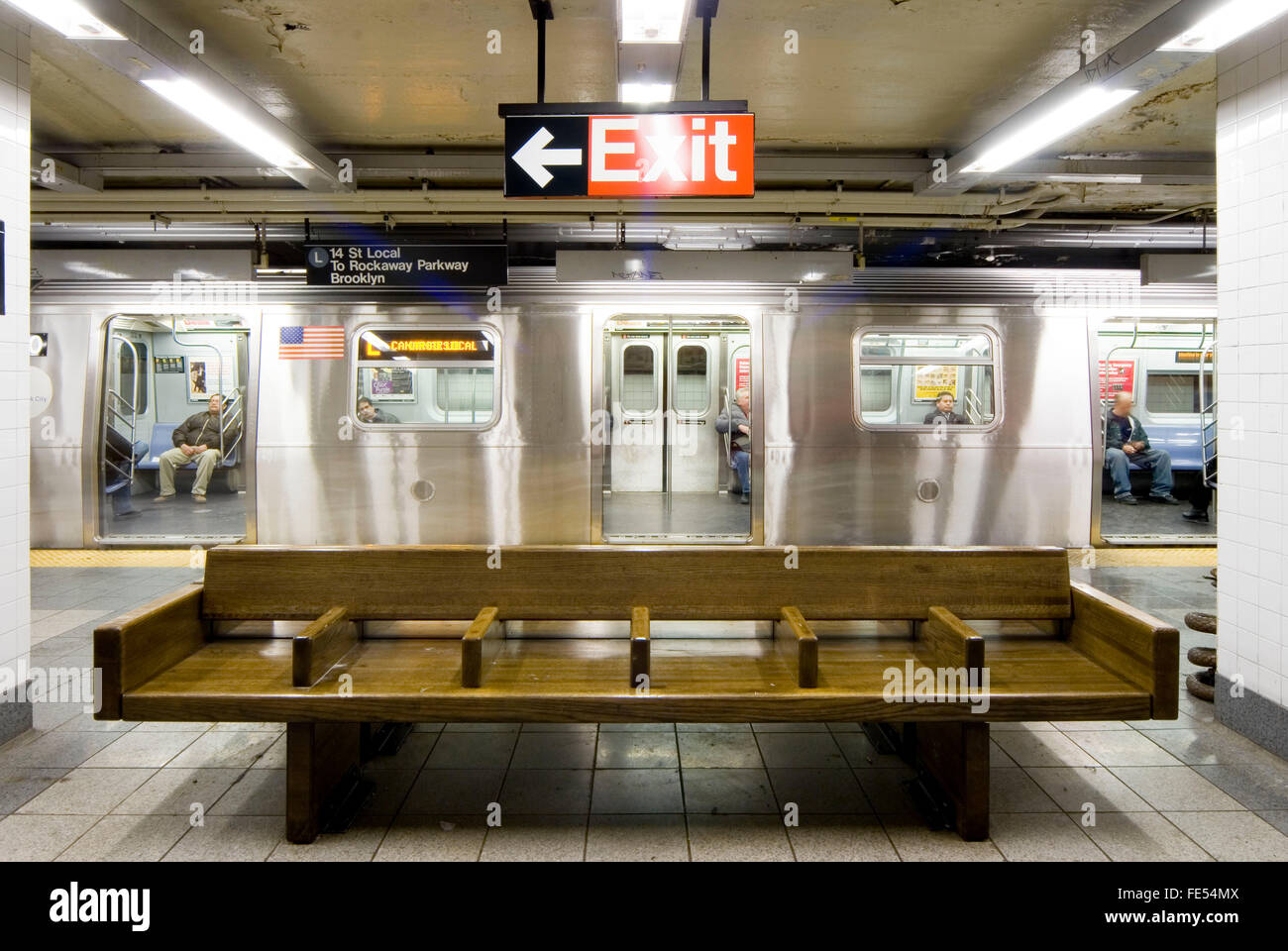 North America, United States, New York City, NYC, bench in a subway ...