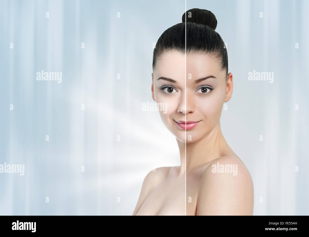 Beautiful young woman with half light half dark skin-skin whitening ...