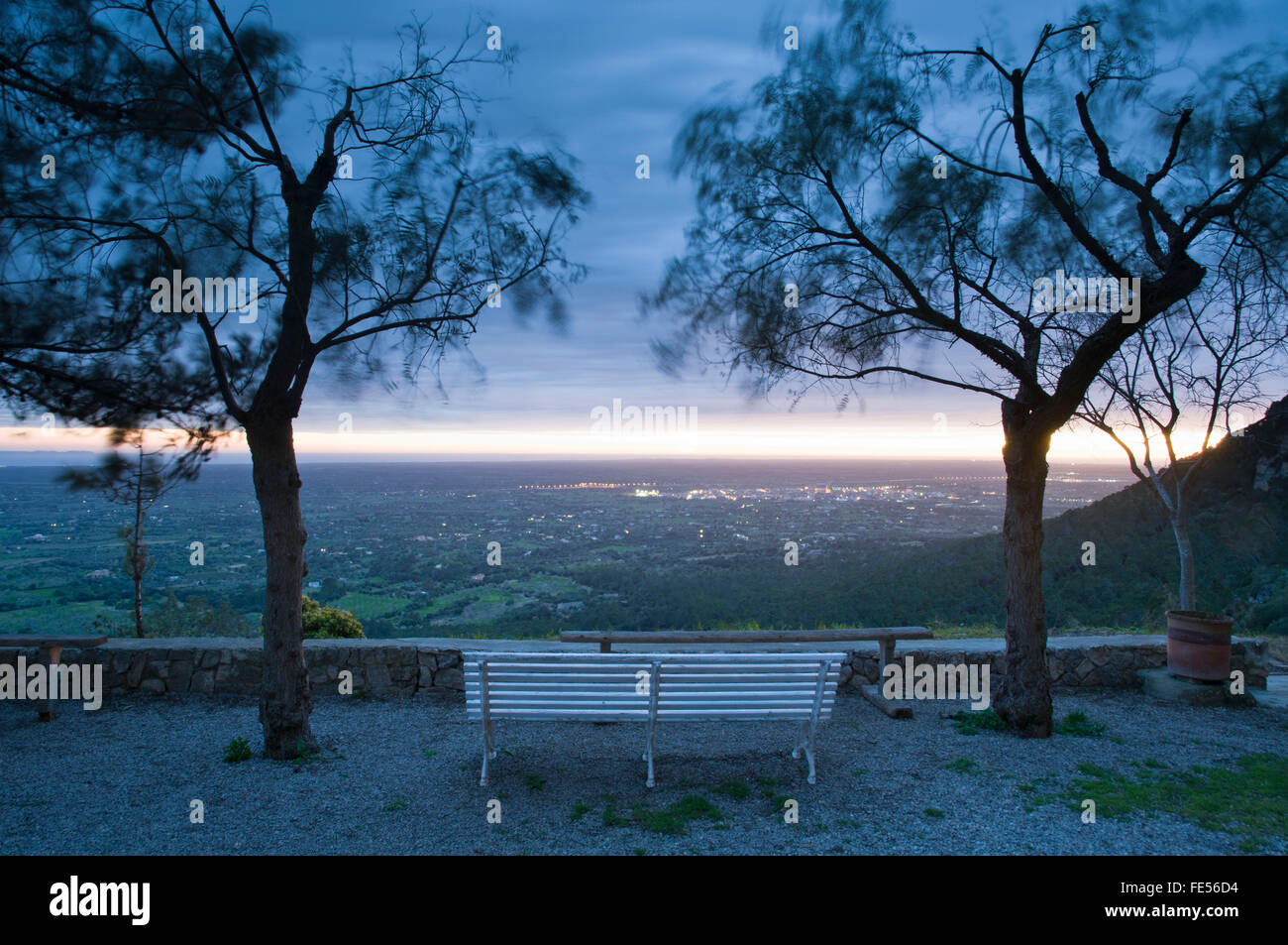 Spain, Mallorca, Randa Mountain, outlook, white bench, trees Stock ...