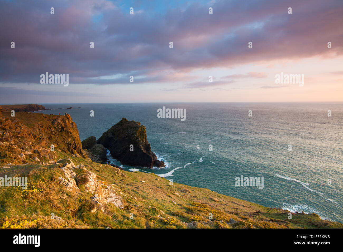 A rugged coastal seascape in Cornwall. A view of a windswept, barren ...