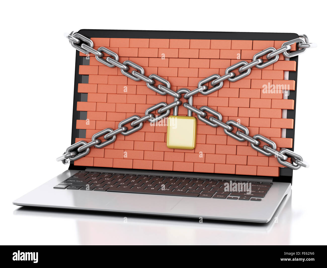 3d renderer image. Laptop with lock, chain and brick wall. Firewall ...