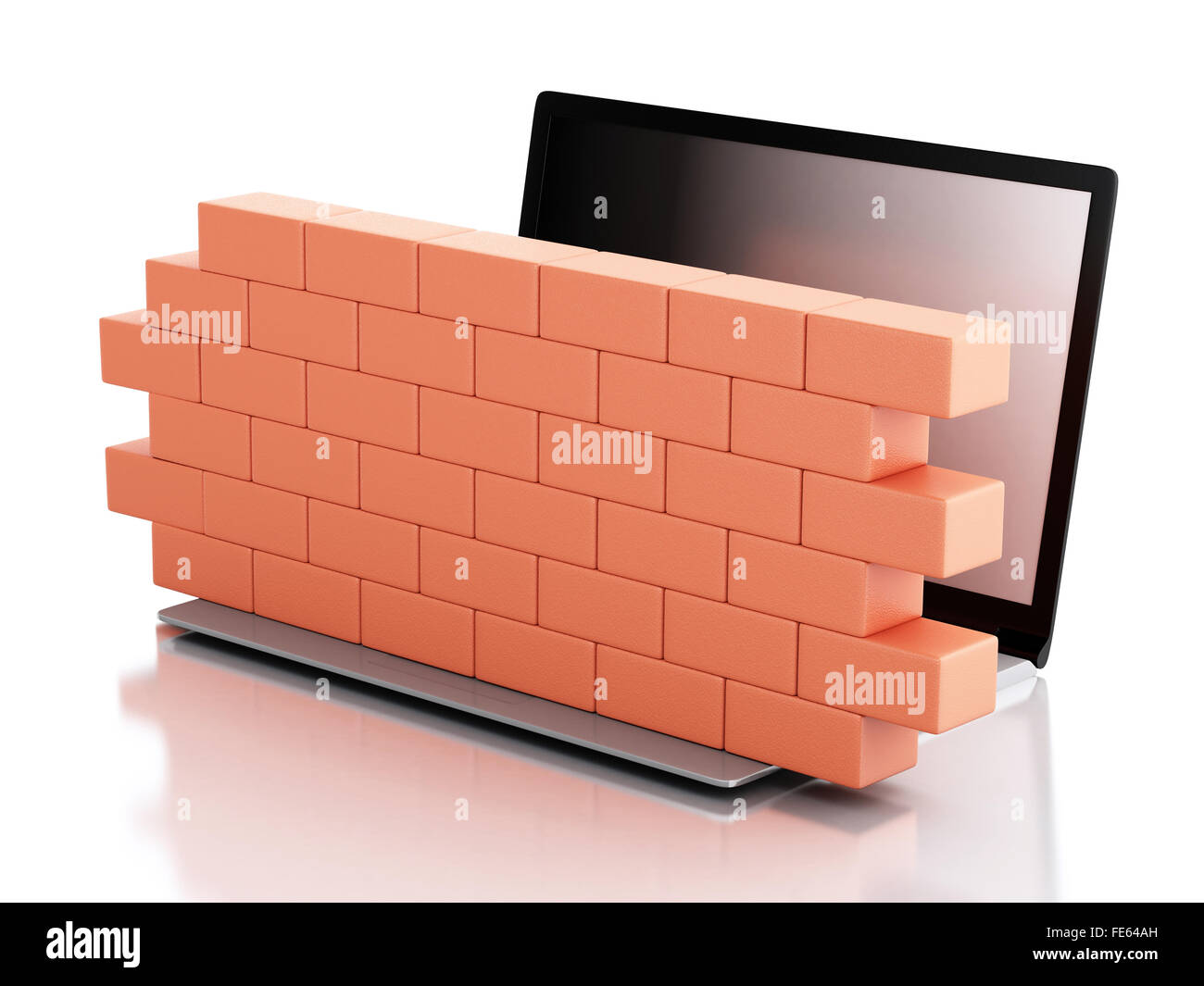 3d renderer image. Laptop with brick wall. Firewall concept. Isolated ...