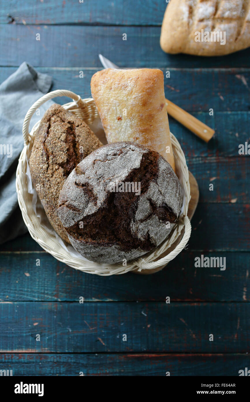 three breads in basket, top view Stock Photo - Alamy
