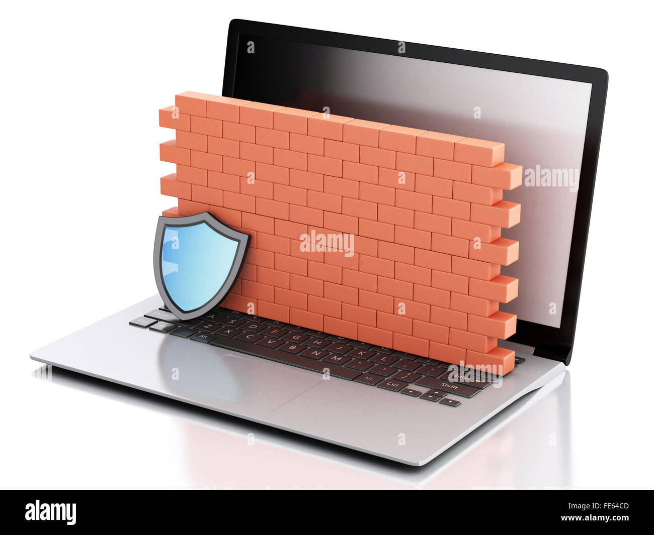 3d renderer image. Laptop with brick wall. Firewall concept. Isolated ...