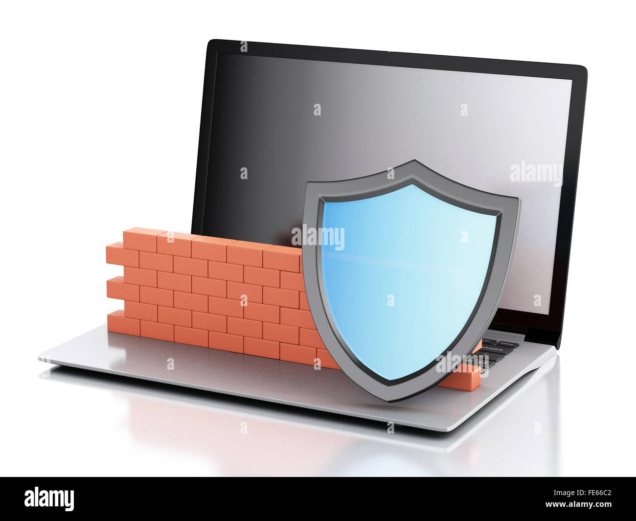 3d renderer image. Laptop with brick wall. Firewall concept. Isolated ...