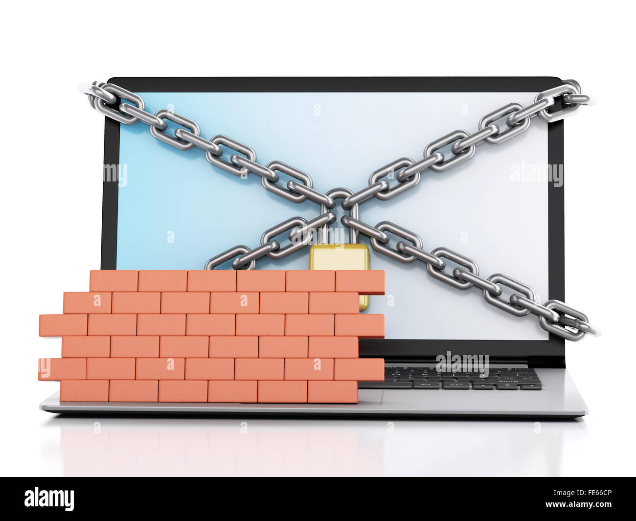 3d renderer image. Laptop with lock, chain and brick wall. Firewall ...
