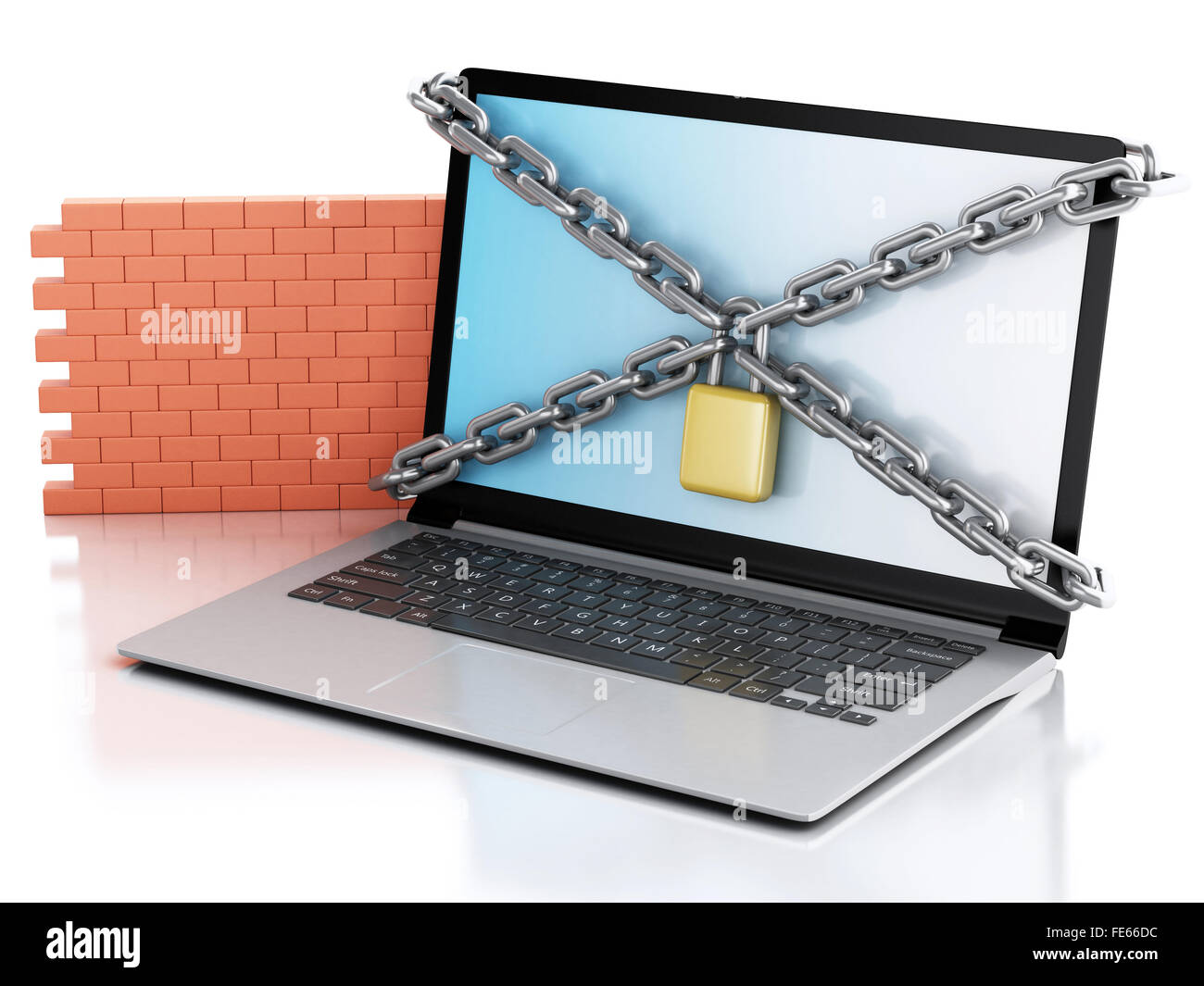 3d renderer image. Laptop with lock, chain and brick wall. Firewall ...