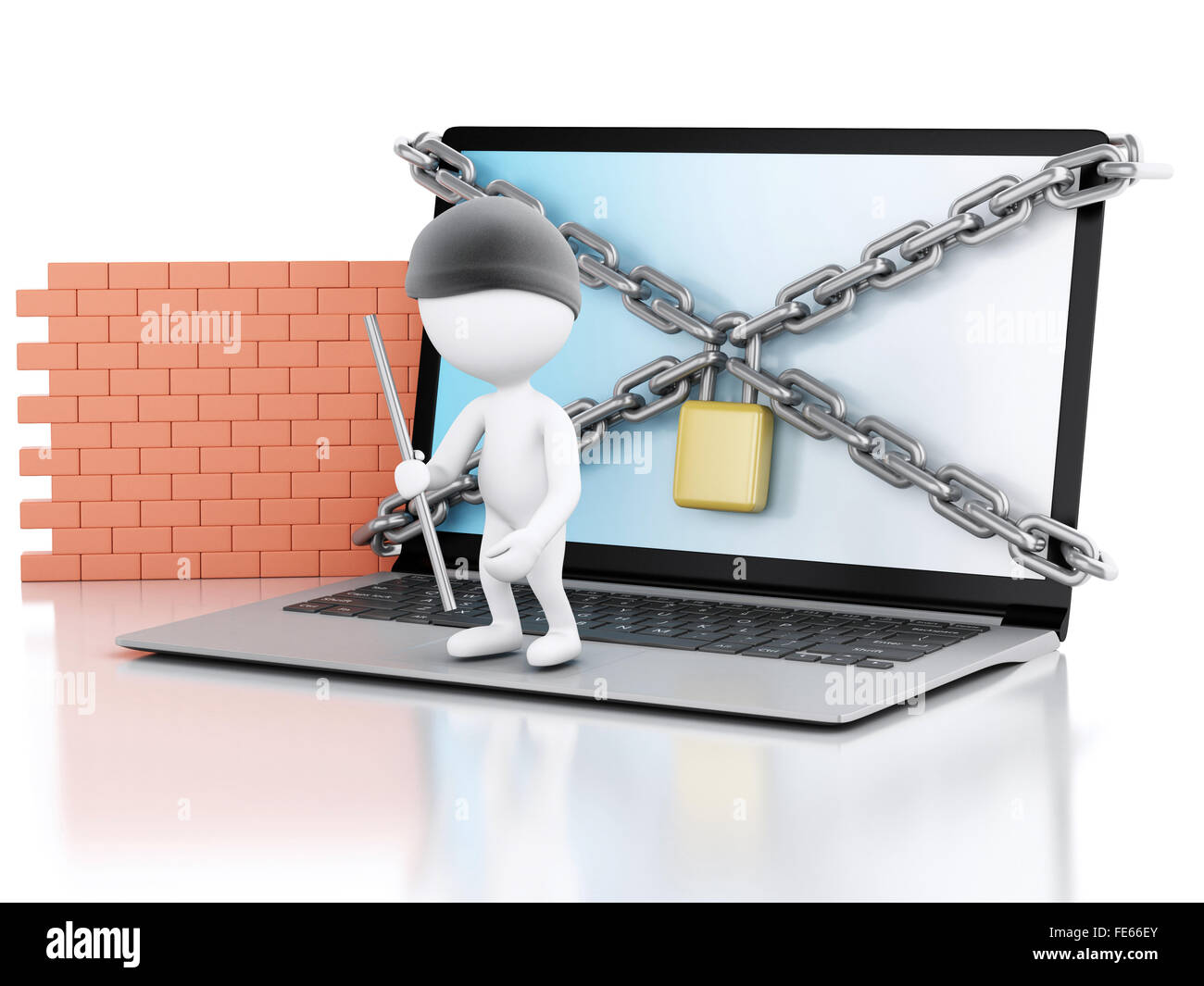 3d renderer image. White people thief. Laptop with chain and brick wall ...